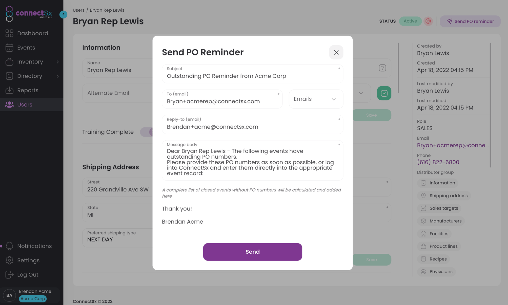 How do I send users email reminders about missing Purchase Orders?