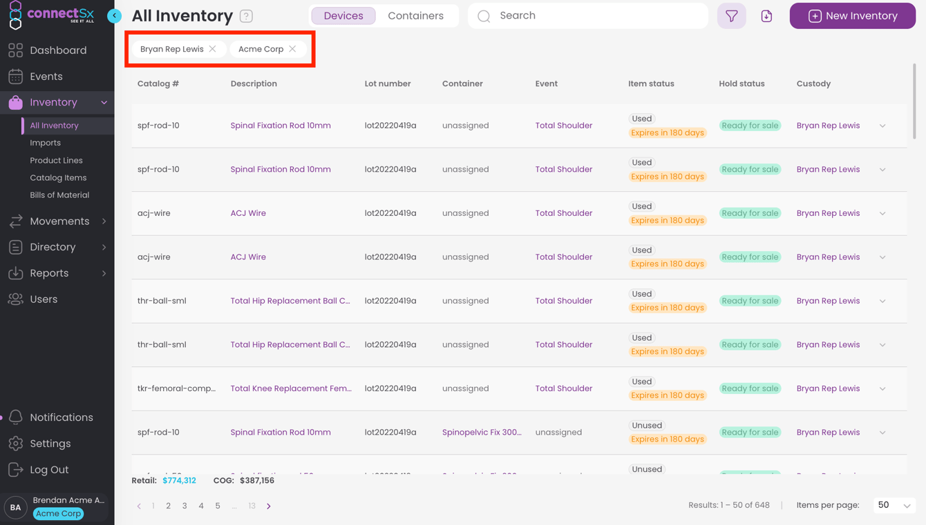 How do I view, search, and filter my inventory?