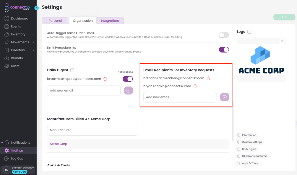 How do I set up inventory request email notifications for admin users?
