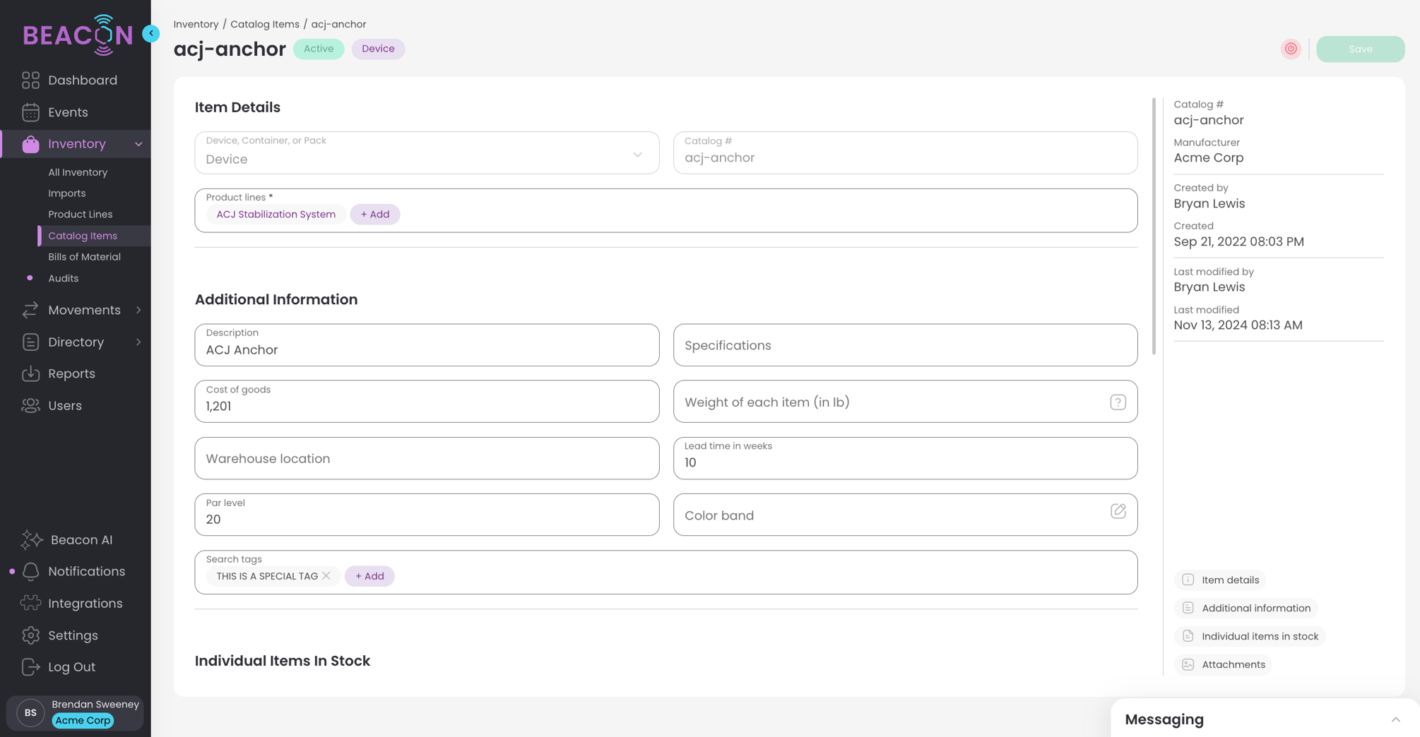 How do I save a weight for my inventory items?