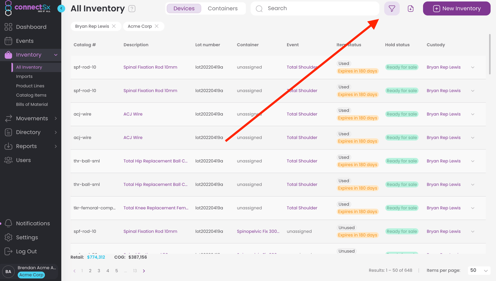 How do I view, search, and filter my inventory?