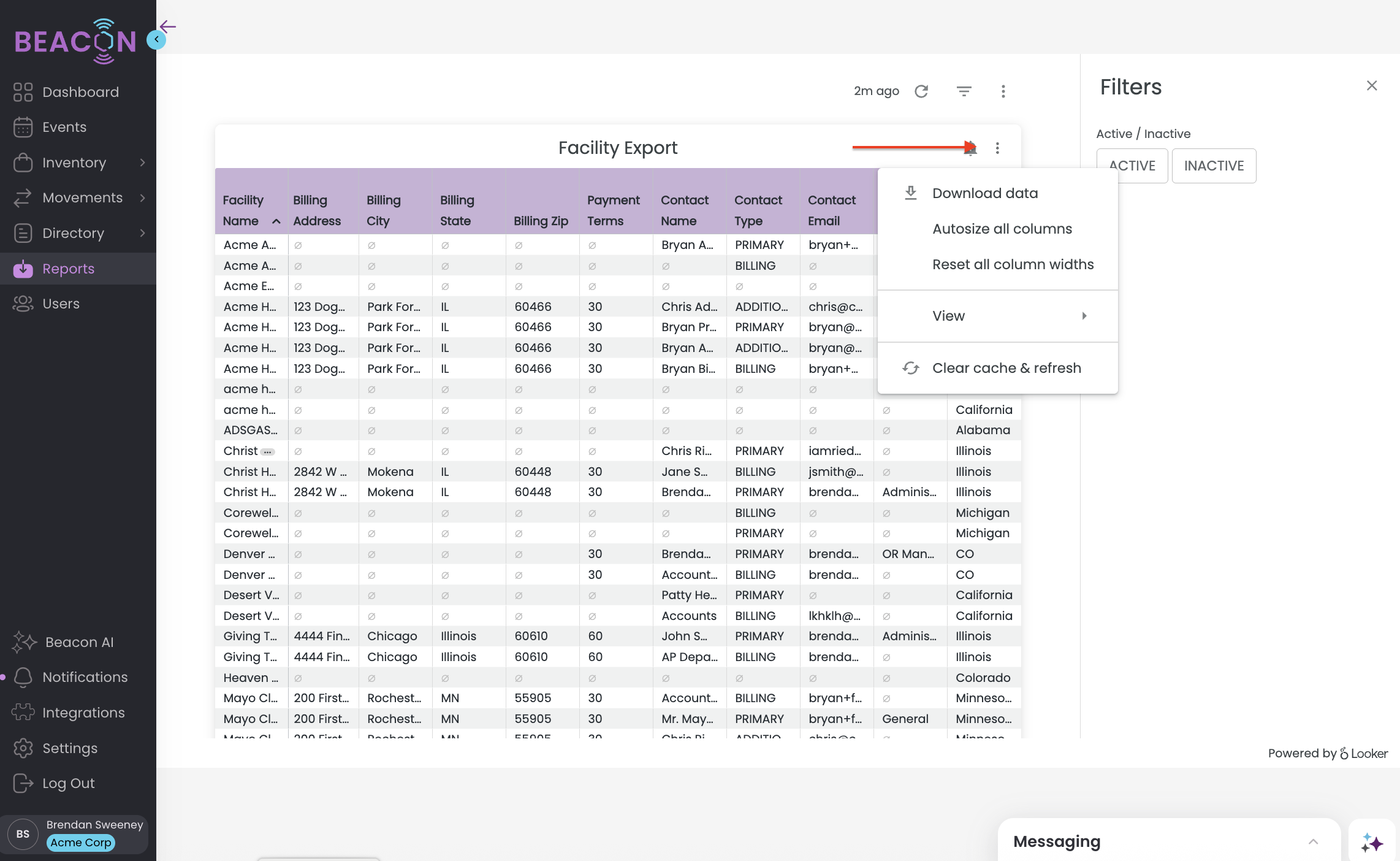 How can I export a list of my Facilities?