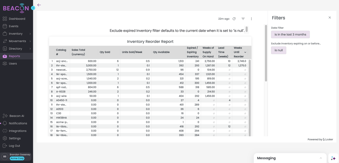 How can I keep track of inventory velocity and reordering in Beacon?