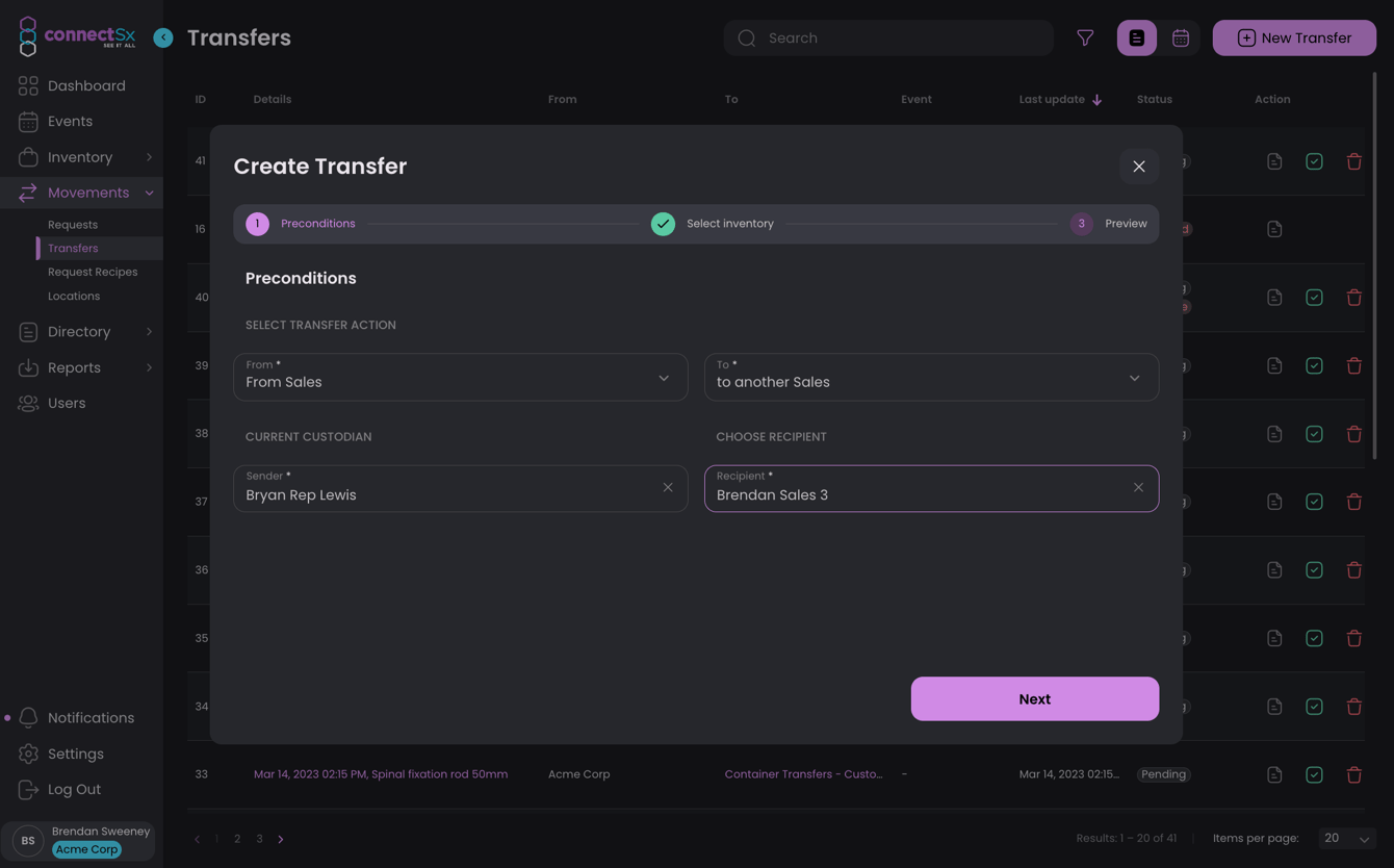 How do I transfer inventory?